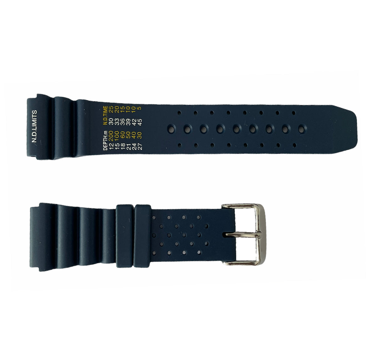Blue rubber diver watch strap with decompression table and stainless s ...